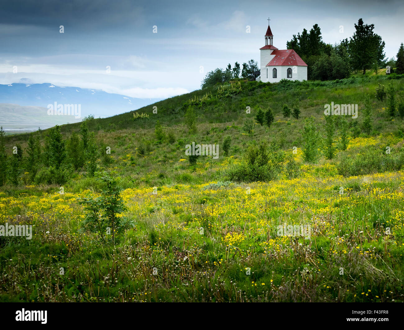 A small historic church in open countryside, among wildflower meadows ...