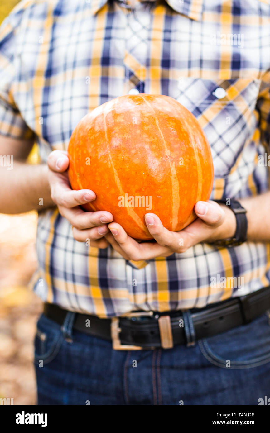 Smiling man carrying pumpkin in a park Stock Photo - Alamy