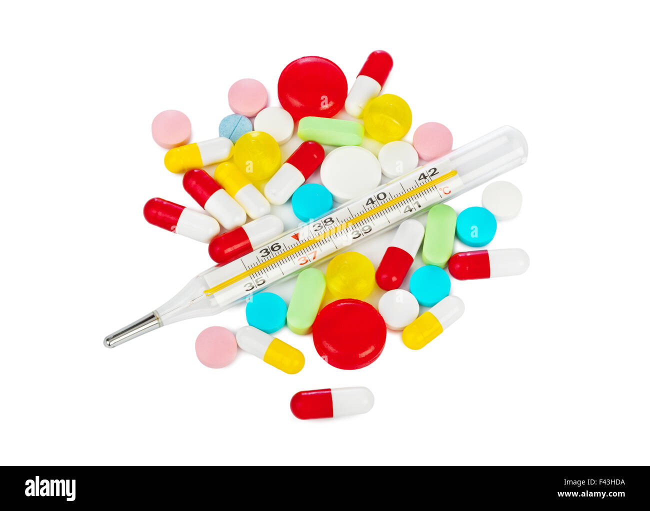 Pills and thermometer Stock Photo - Alamy