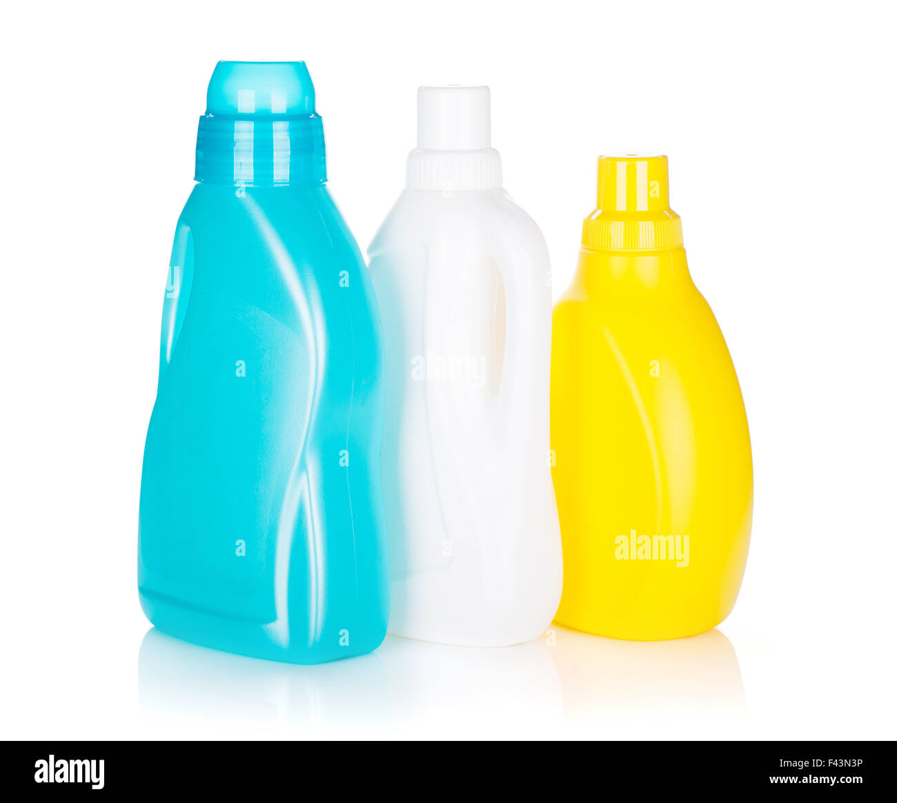 Three plastic bottles of cleaning product. Isolated on white background ...