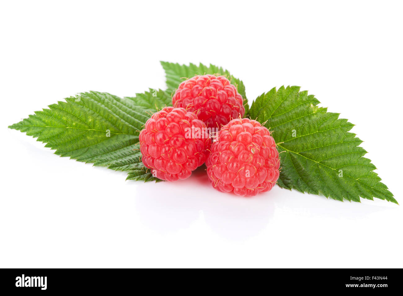 Three raspberries with leaves. Isolated on white background Stock Photo ...