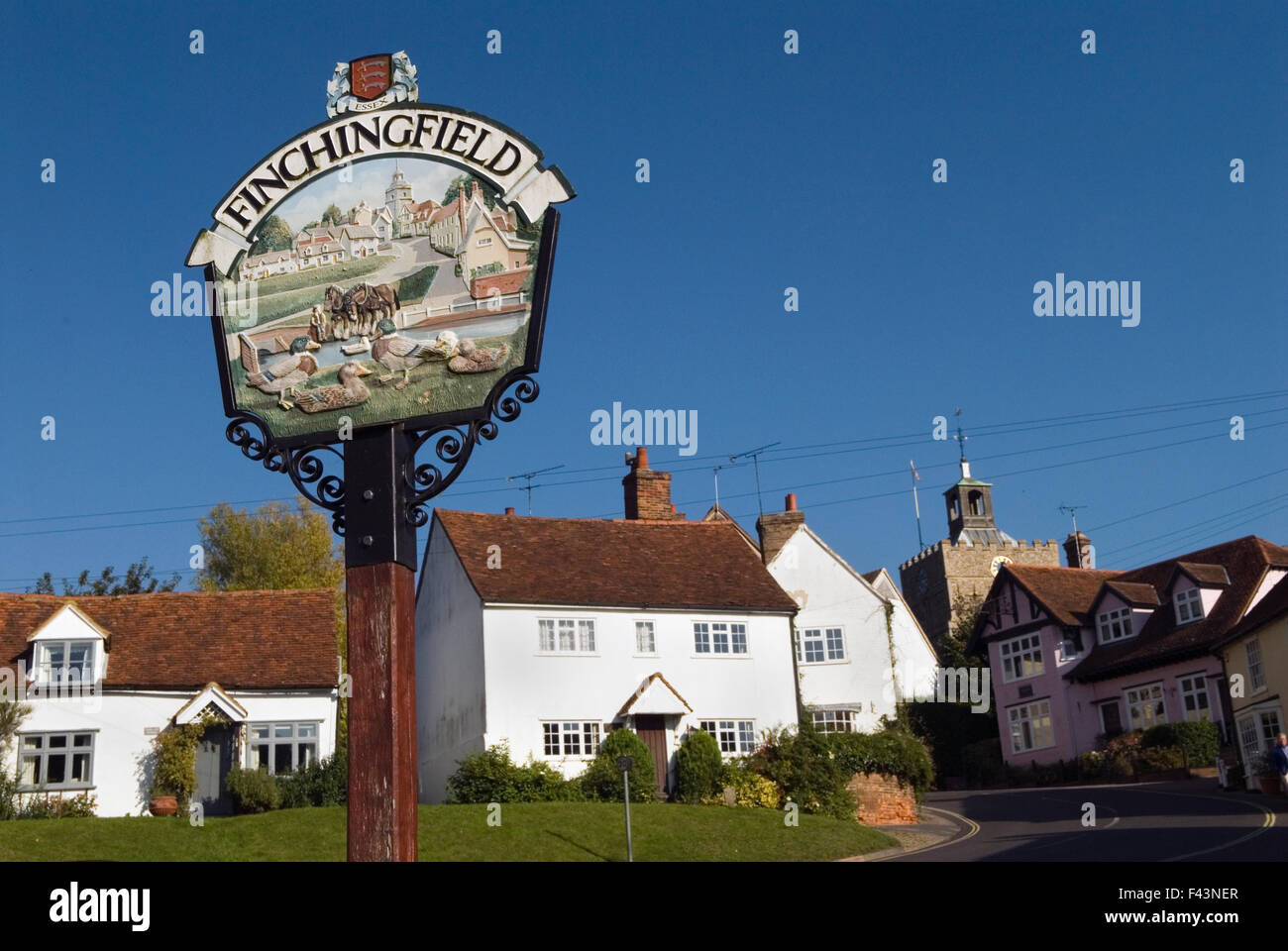 Finchingfield Essex village sign UK HOMER SYKES Stock Photo - Alamy