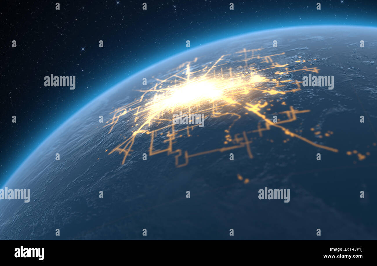 A generic world planet with iluminated city lights on a dark space ...