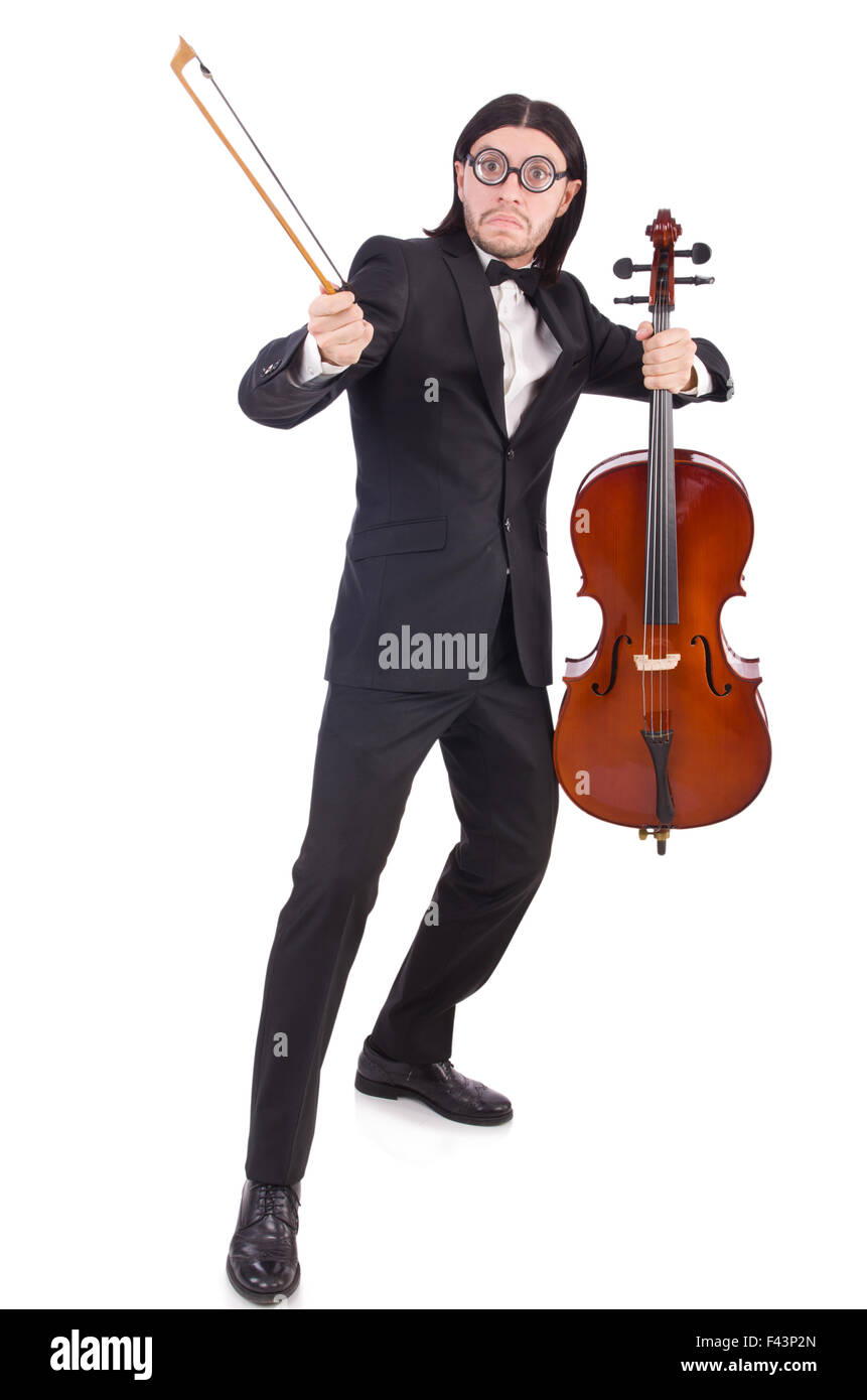 Funny man with music instrument on white Stock Photo - Alamy