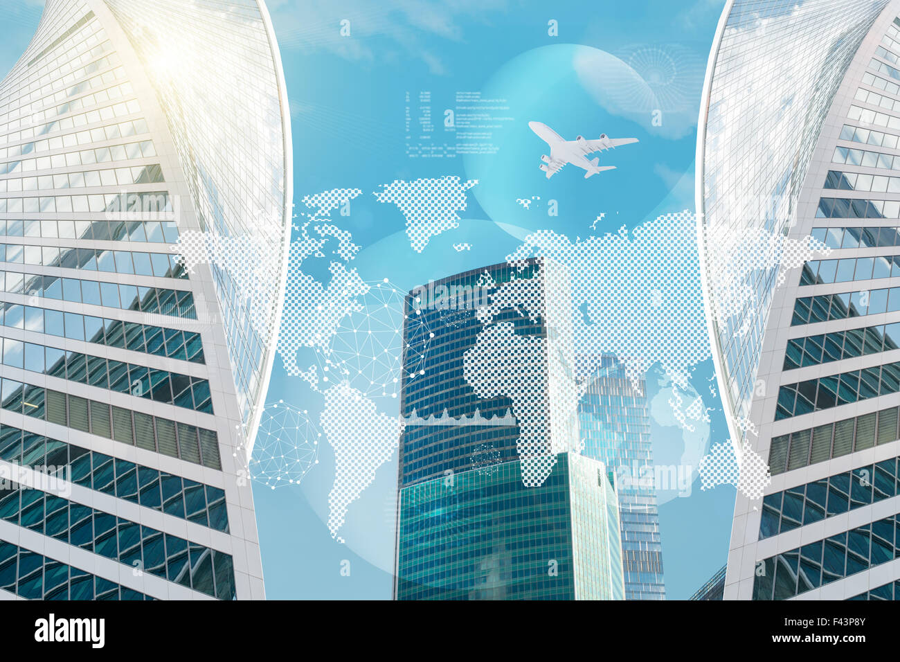 Business center with world map and jet Stock Photo - Alamy