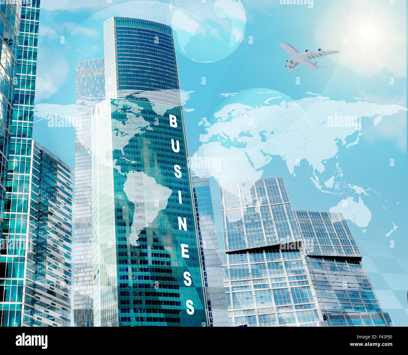World map with jet and business center Stock Photo - Alamy