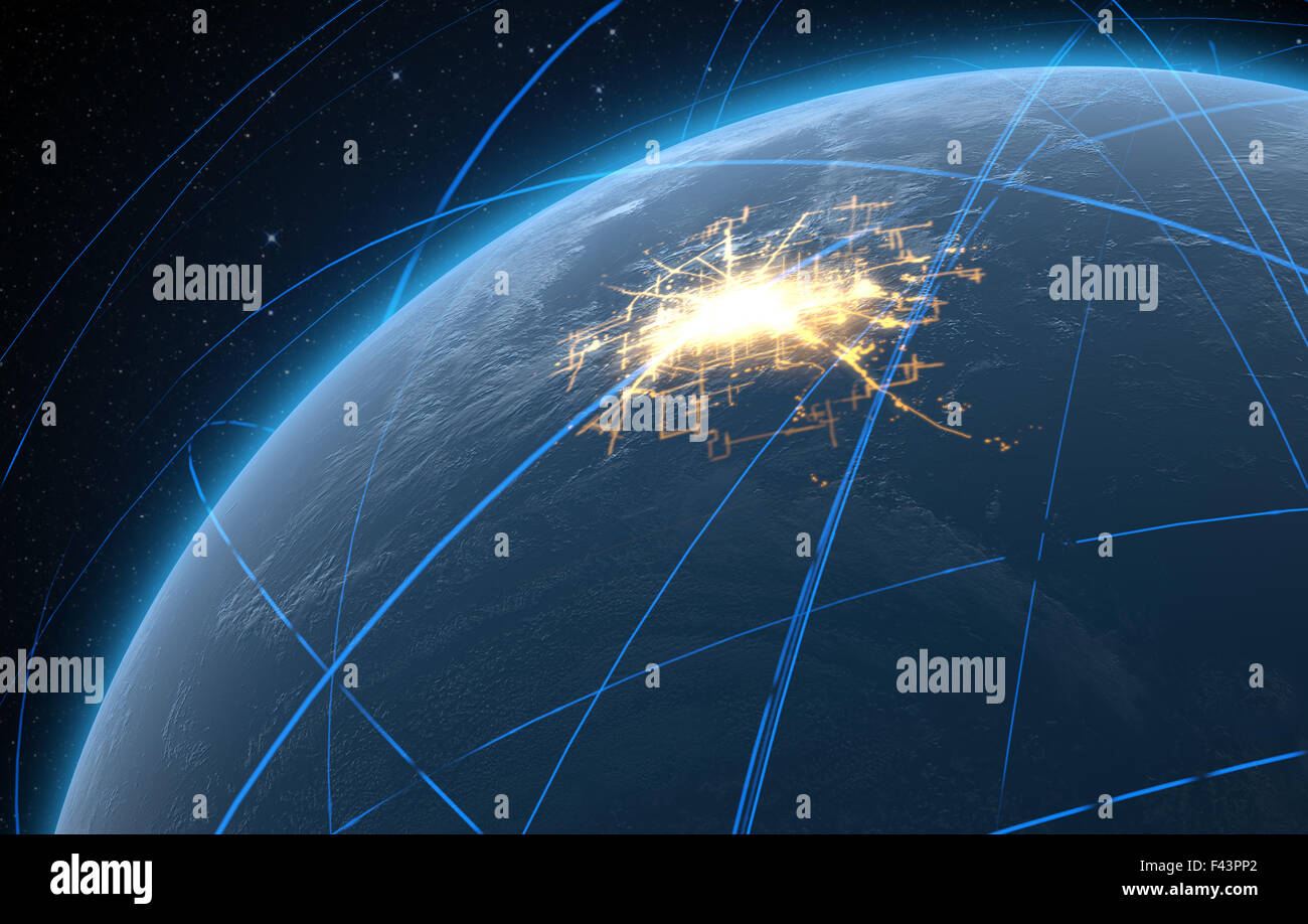 A generic world planet with iluminated city lights surrounded by ...