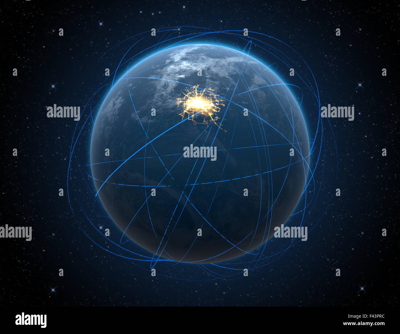 A generic world planet with iluminated city lights surrounded by ...