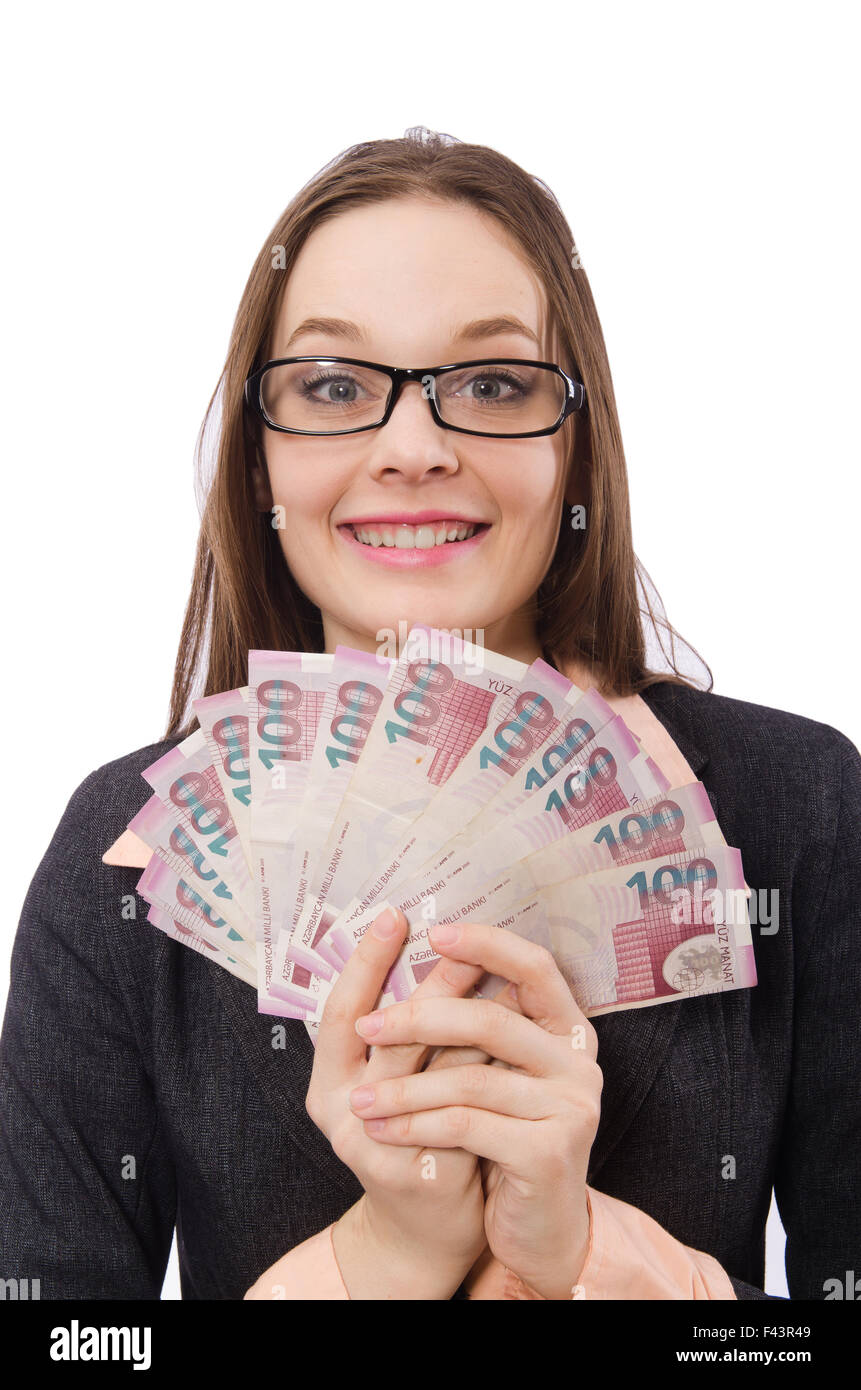 Business lady with money isolated on white Stock Photo - Alamy