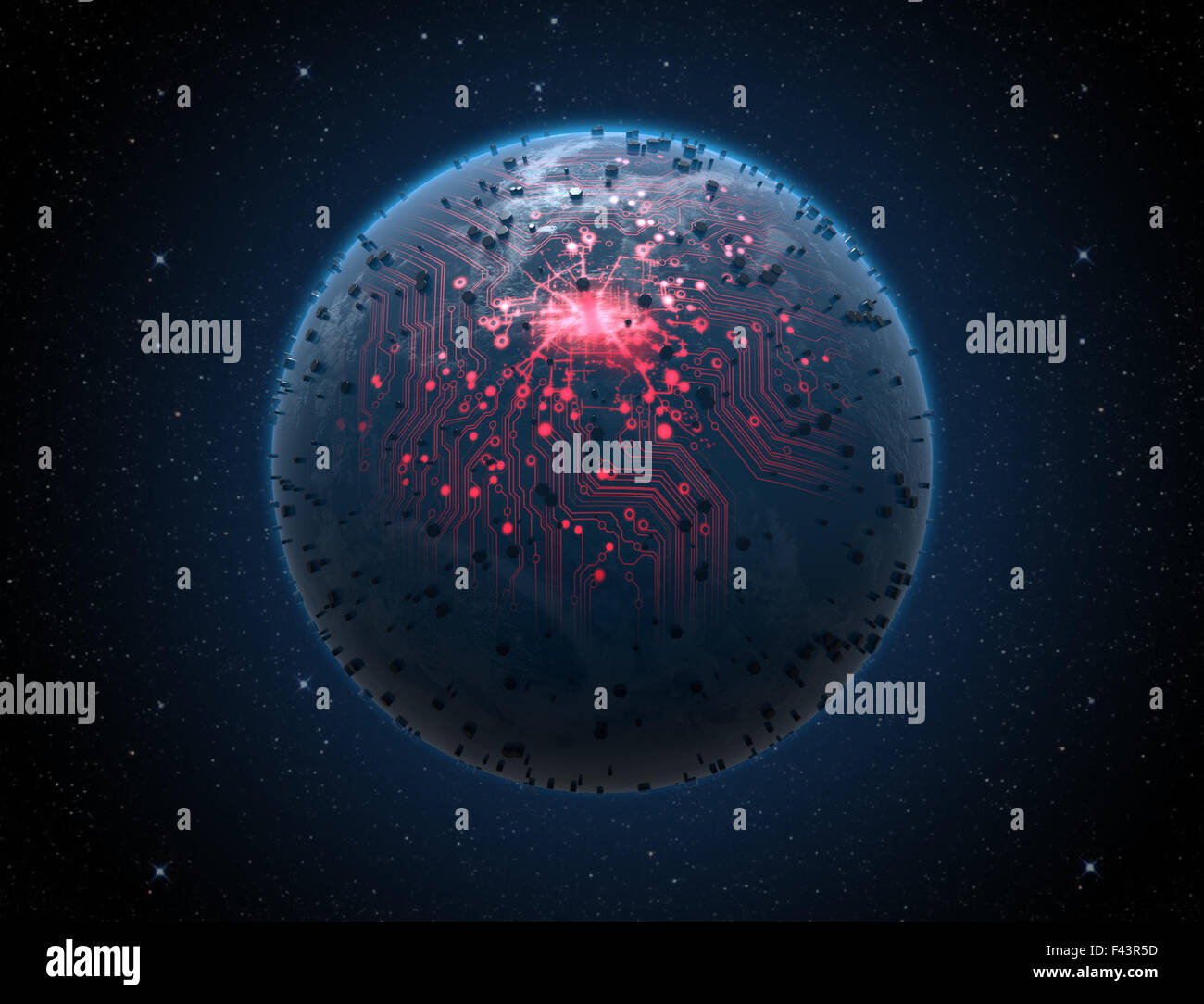 A generic alien looking world planet with iluminated city lights and a ...
