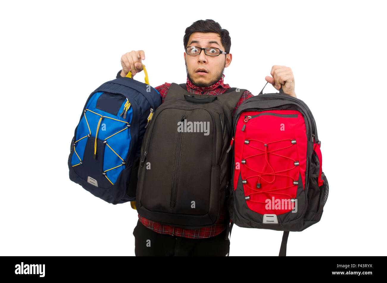 Young man with bags isolated on white Stock Photo - Alamy
