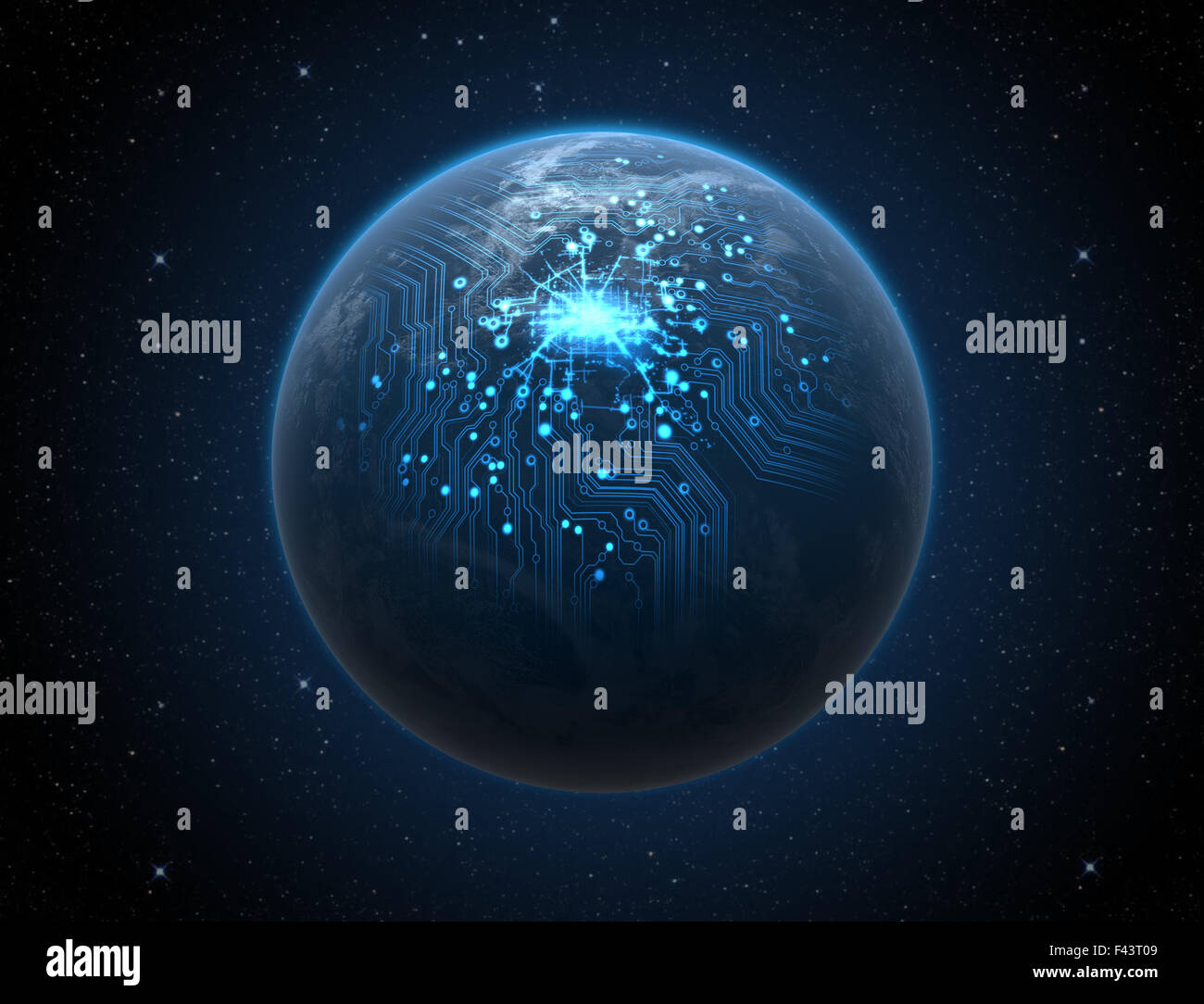 A generic world planet with iluminated city lights and a glowing data ...
