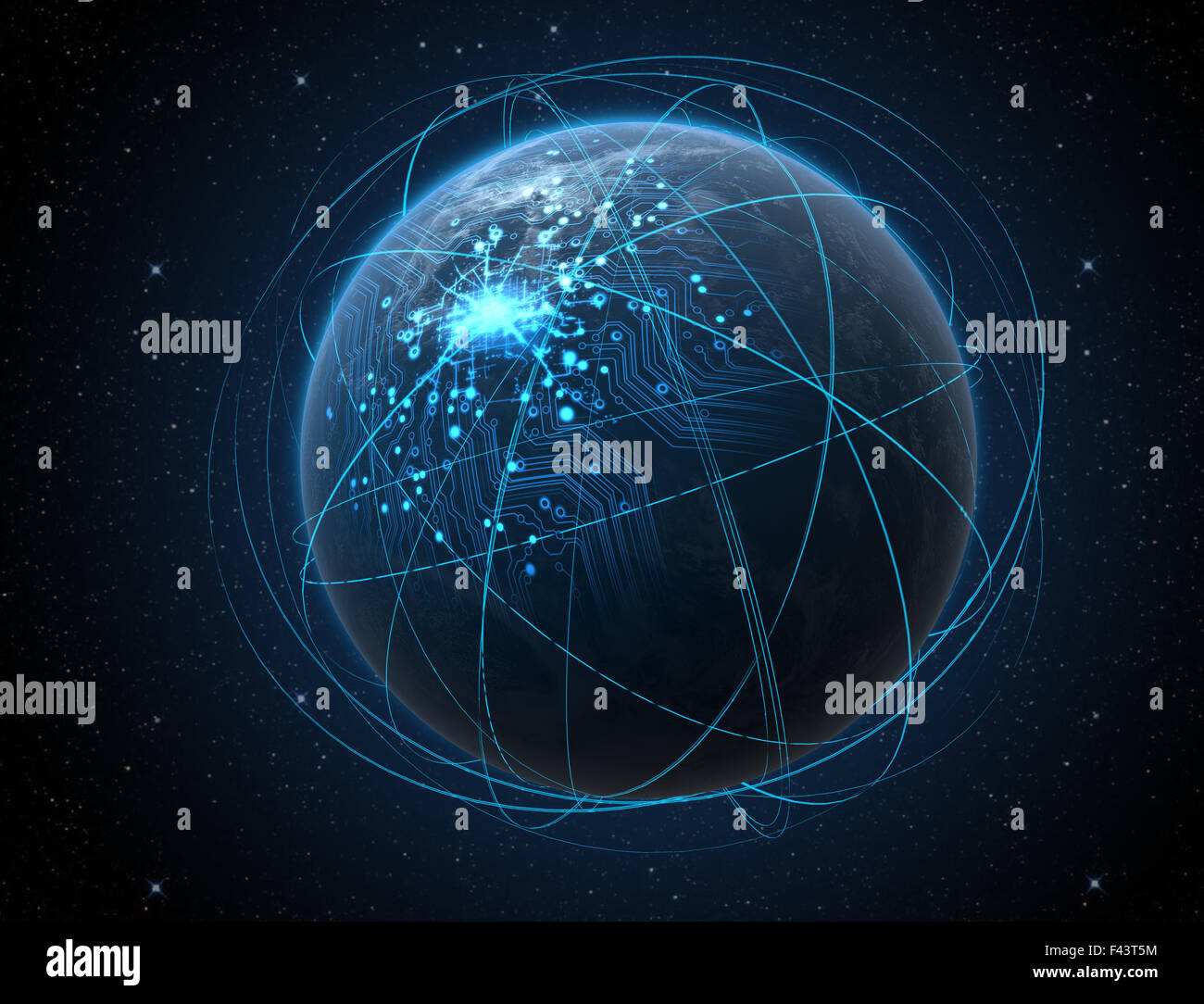 A generic world planet with iluminated city lights and a glowing data ...
