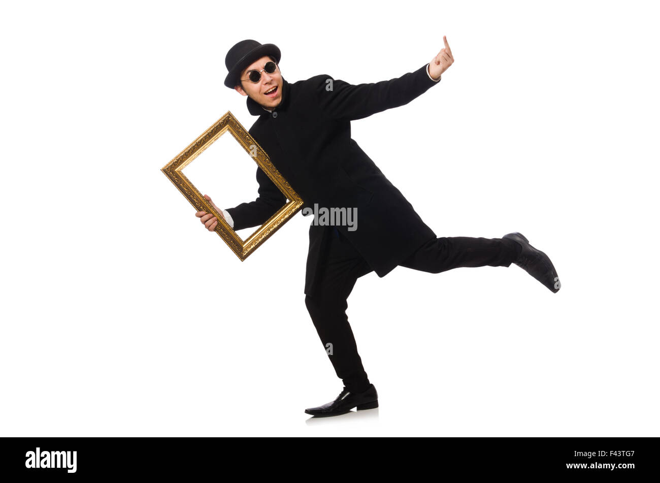 Young man holding frame isolated on white Stock Photo - Alamy