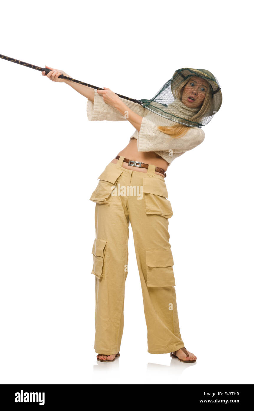 Woman with catching net isolated on white Stock Photo - Alamy