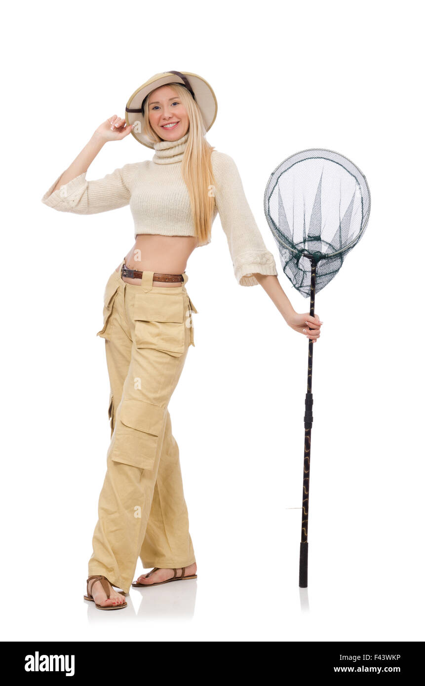 Woman with catching net isolated on white Stock Photo - Alamy