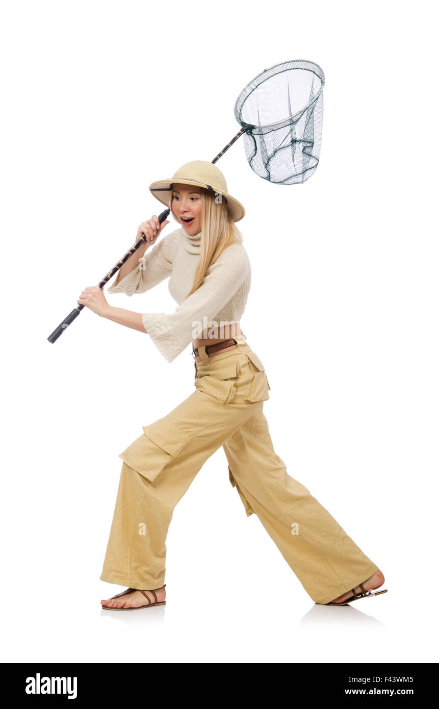 Woman with catching net isolated on white Stock Photo - Alamy