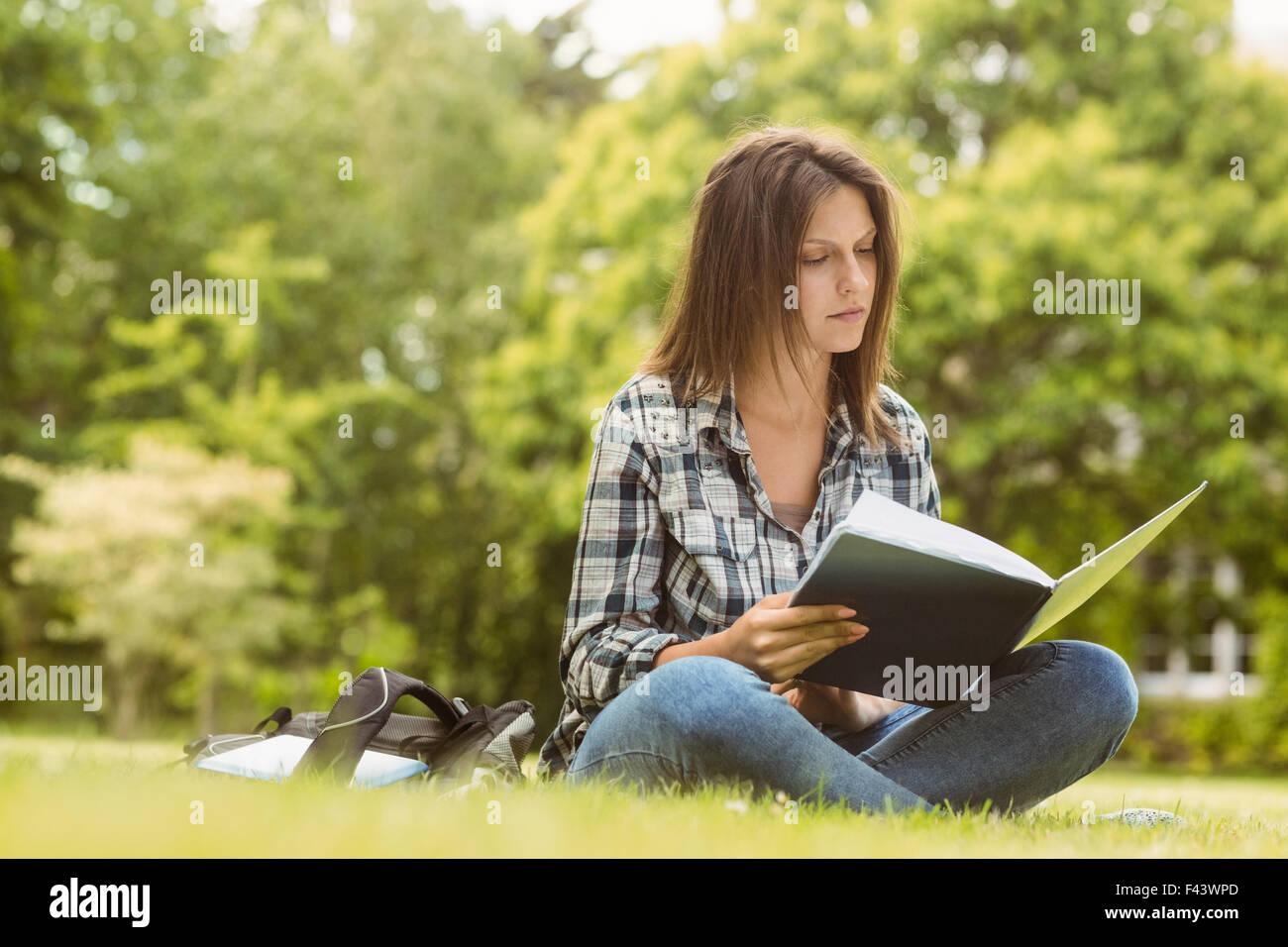 University student sitting reading book Stock Photo - Alamy