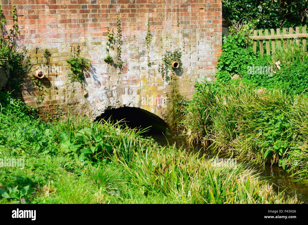 Red brick bridge over stream Stock Photo - Alamy