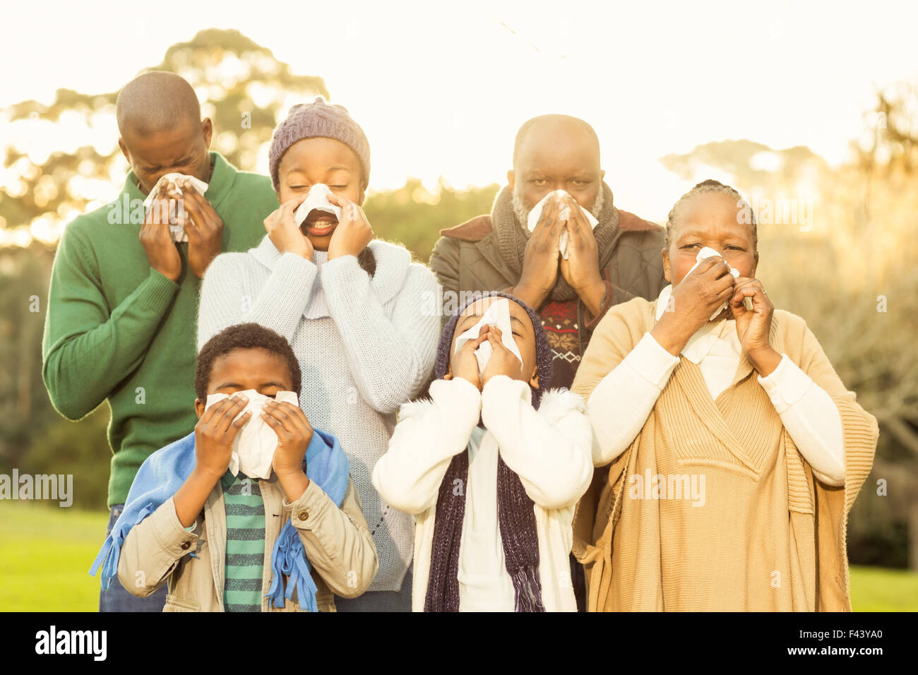 Extended family blowing their nose Stock Photo - Alamy