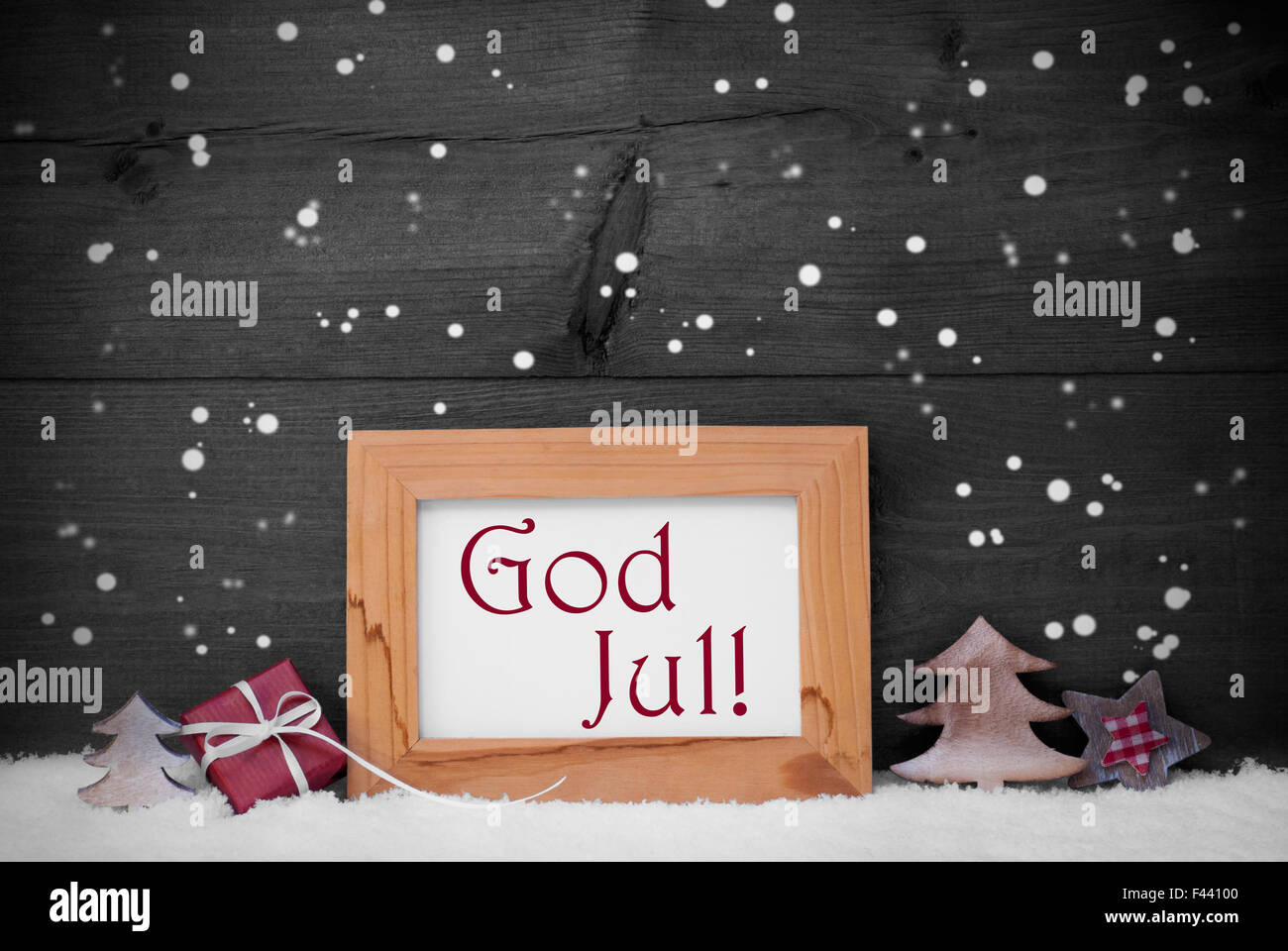 Gray Frame With God Jul Means Merry Christmas, Snow, Snowflakes Stock ...