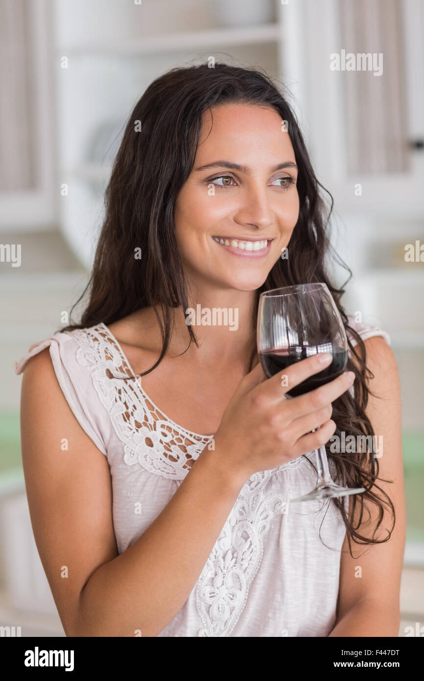 Pretty brunette having a glass of wine Stock Photo - Alamy