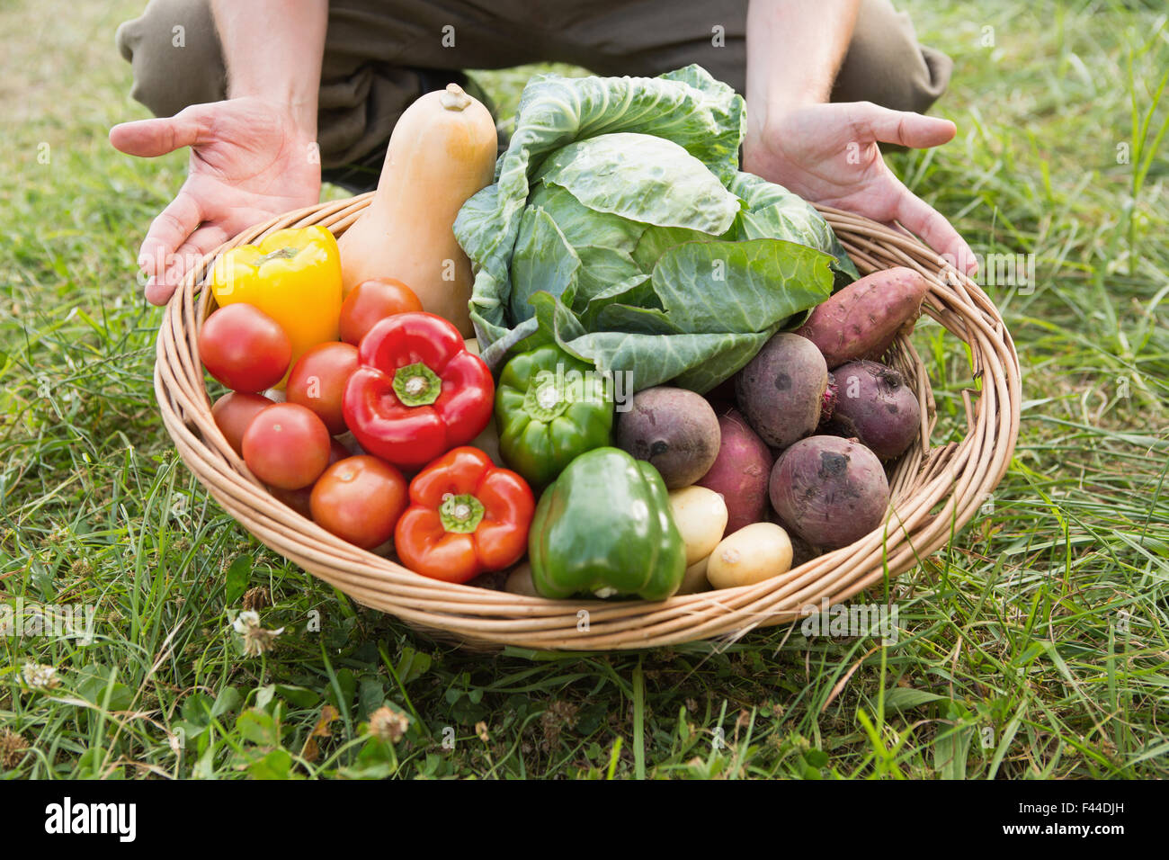 Farmer carrying basket of veg Stock Photo - Alamy