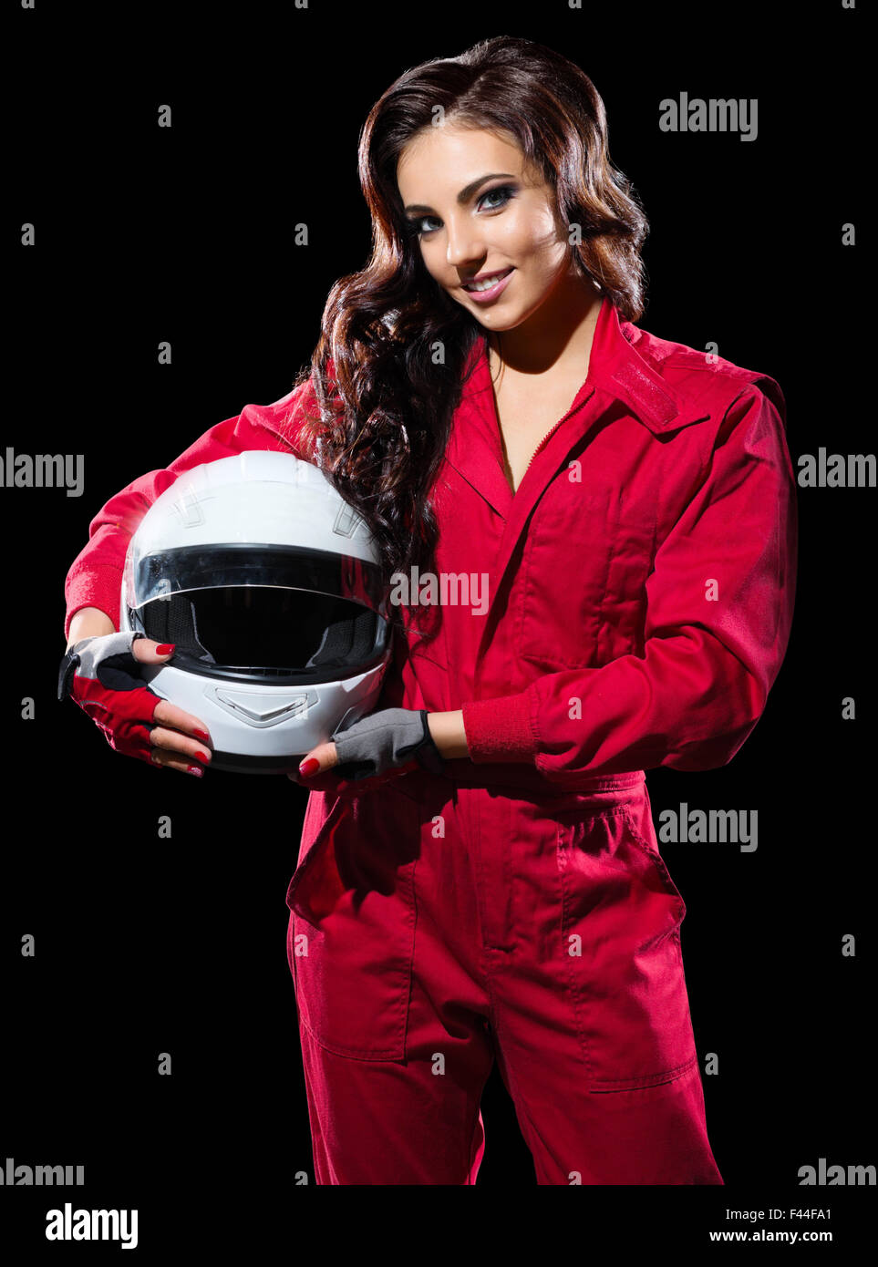 Young girl racer with helmet isolated Stock Photo - Alamy
