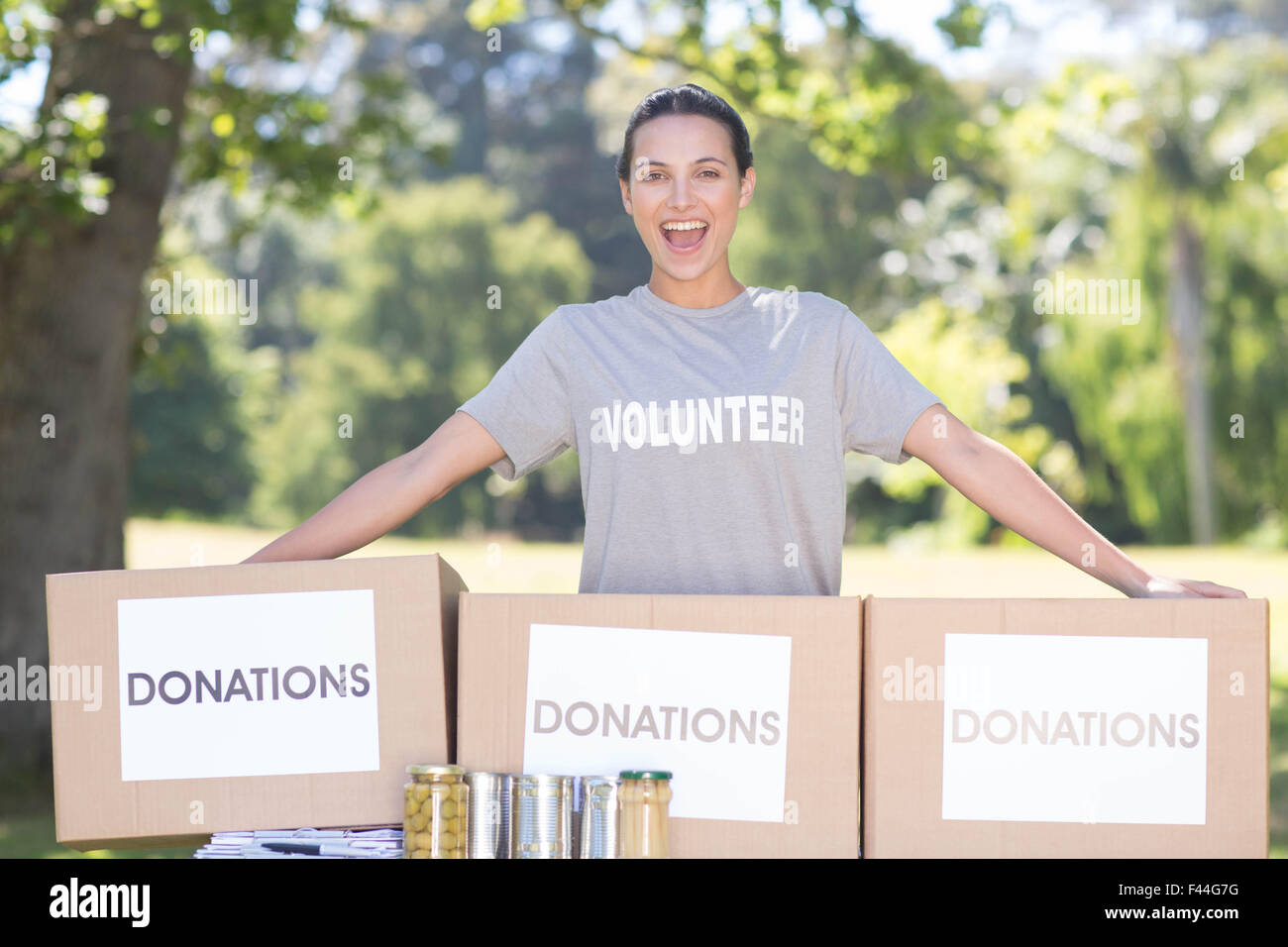 Pretty volunteer with donation boxes in park Stock Photo - Alamy