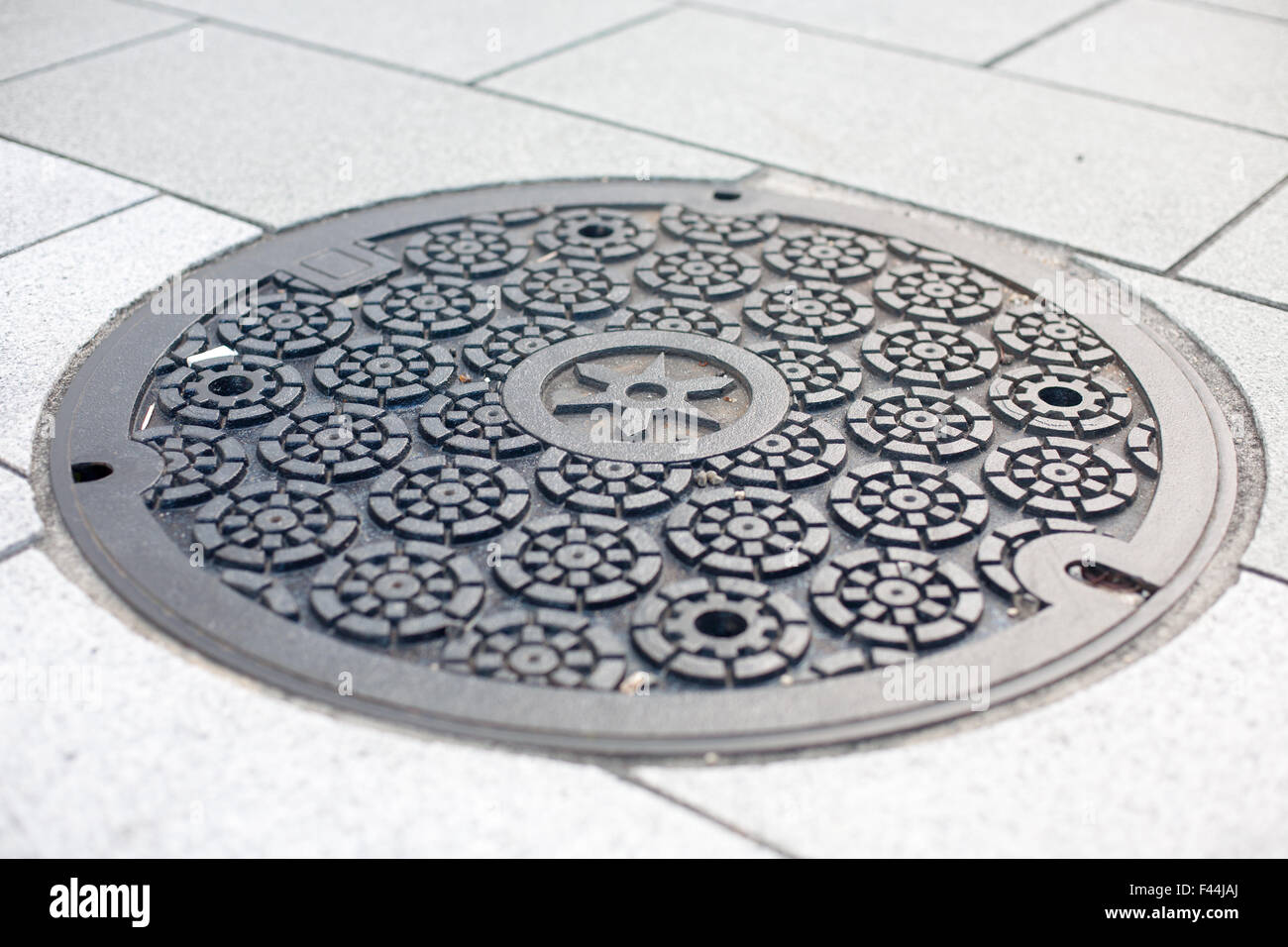 Manhole on tile sidewalk Stock Photo - Alamy