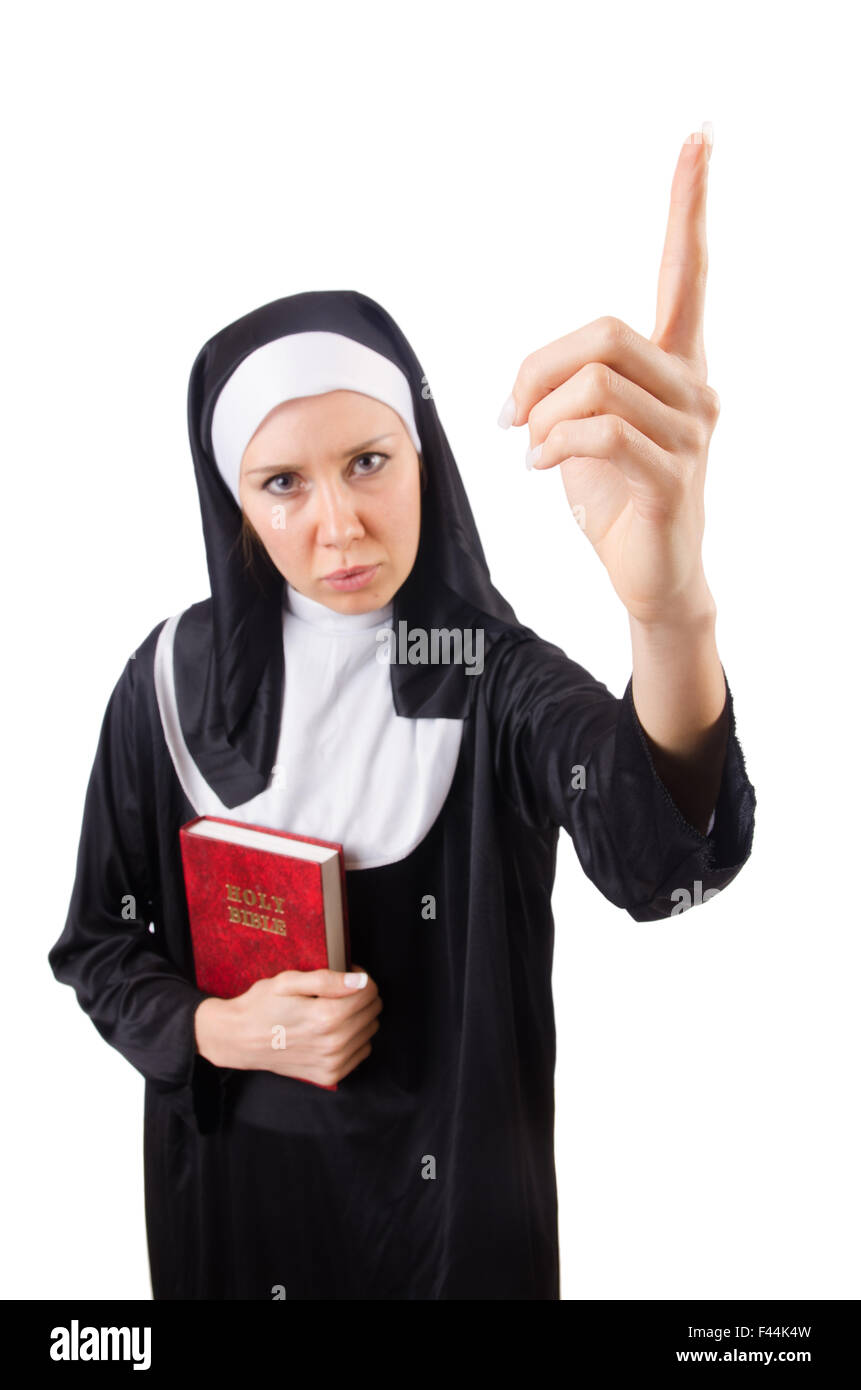 Pretty nun with Bible isolated on white Stock Photo - Alamy