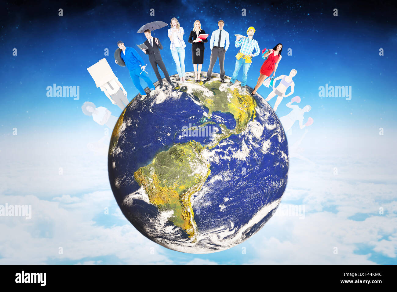Composite image of people standing on earth Stock Photo - Alamy