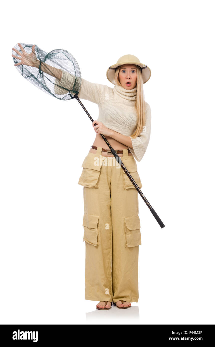 Woman with catching net isolated on white Stock Photo - Alamy