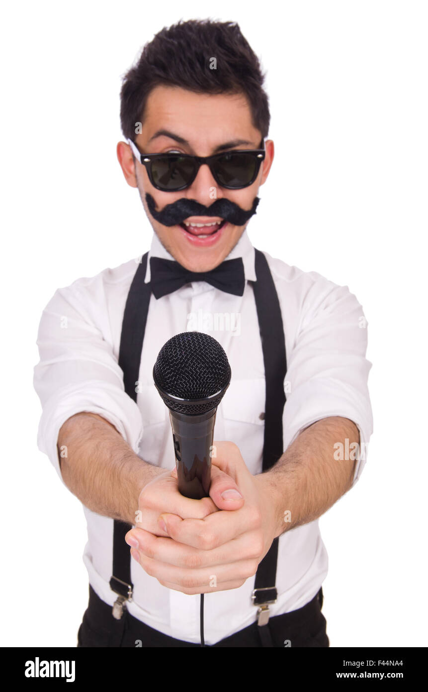 Funny man with mic isolated on white Stock Photo - Alamy