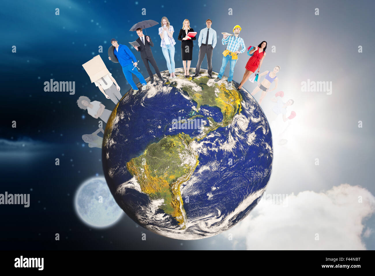Composite image of people standing on earth Stock Photo - Alamy