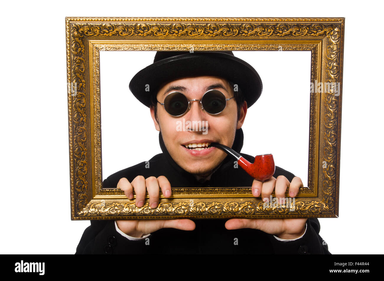 Young man holding frame isolated on white Stock Photo - Alamy