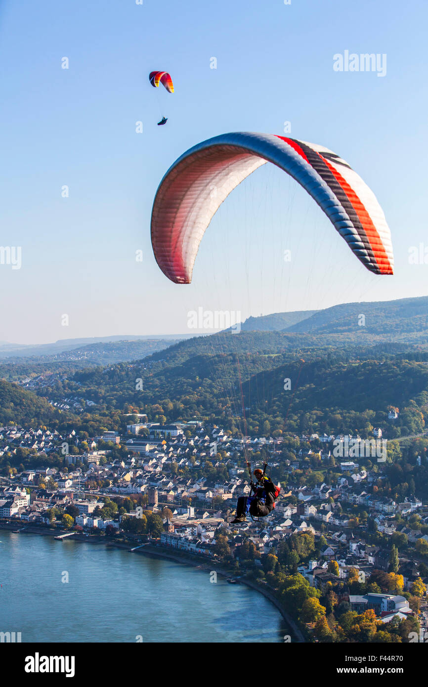 Paragliding above the Upper middle Rhine Valley, near Boppard, Germany ...