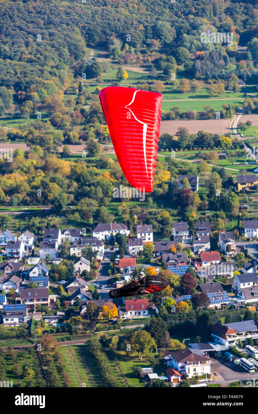 Paragliding above the Upper middle Rhine Valley, near Boppard, Germany ...