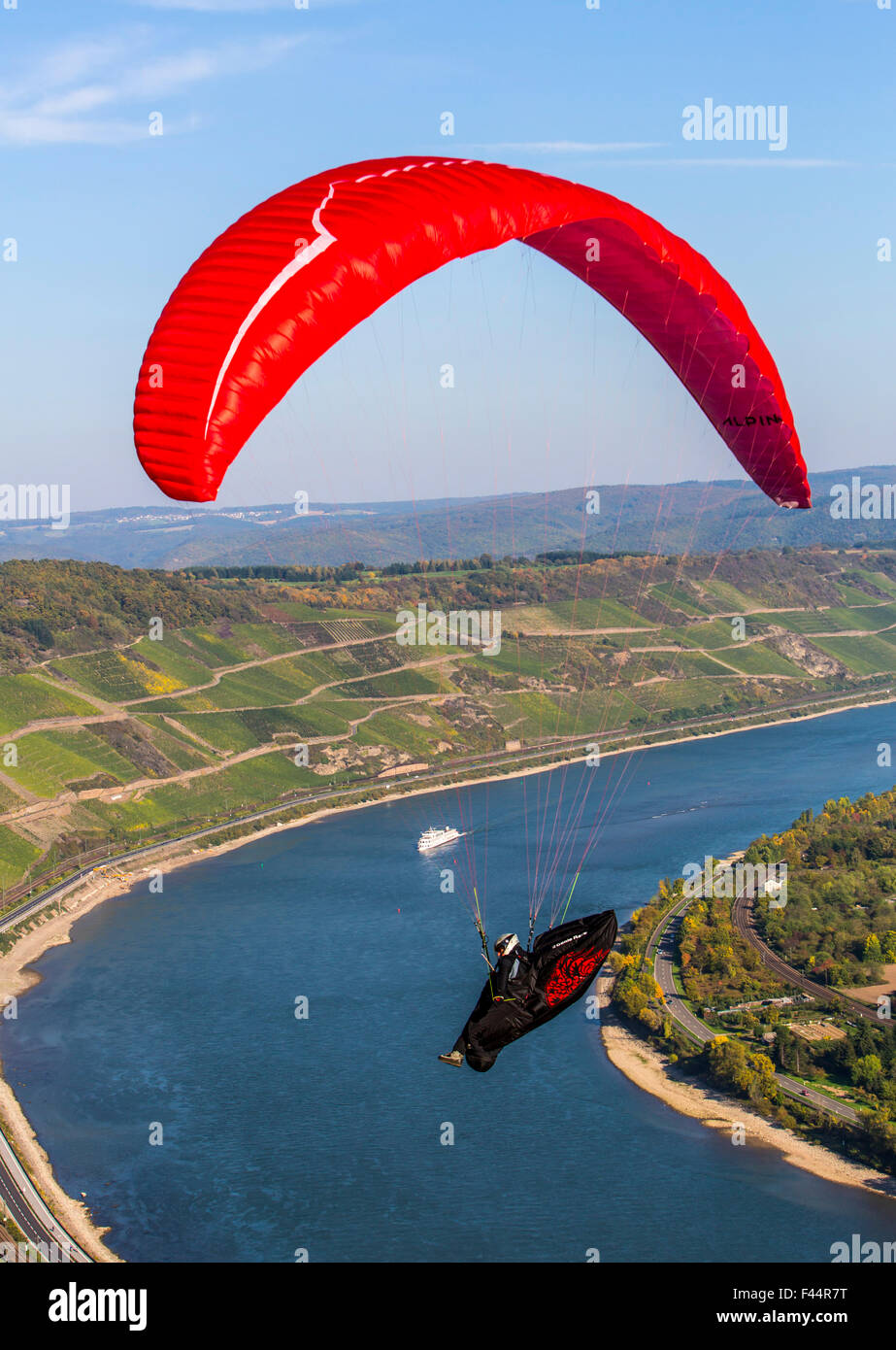 Paragliding above the Upper middle Rhine Valley, near Boppard, Germany ...