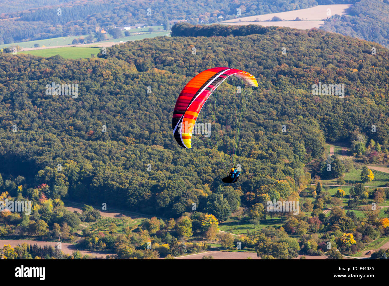 Paragliding above the Upper middle Rhine Valley, near Boppard, Germany ...