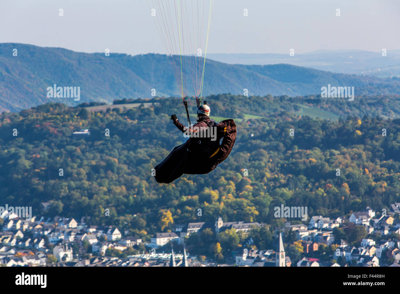 Paragliding above the Upper middle Rhine Valley, near Boppard, Germany ...