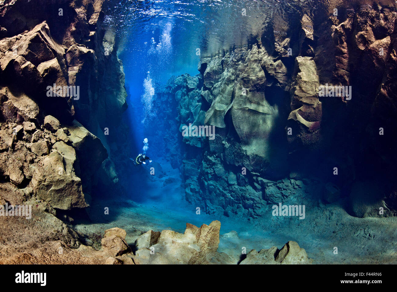 Diver explores the cathedral at Silfra Canyon, deep fault filled with ...