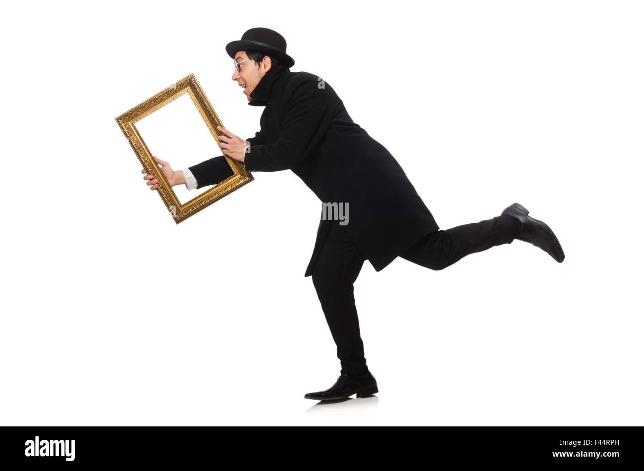 Young man holding frame isolated on white Stock Photo - Alamy