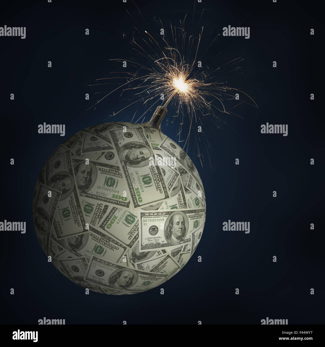 American one hundred dollar sphere as money bomb with burning fuse ...