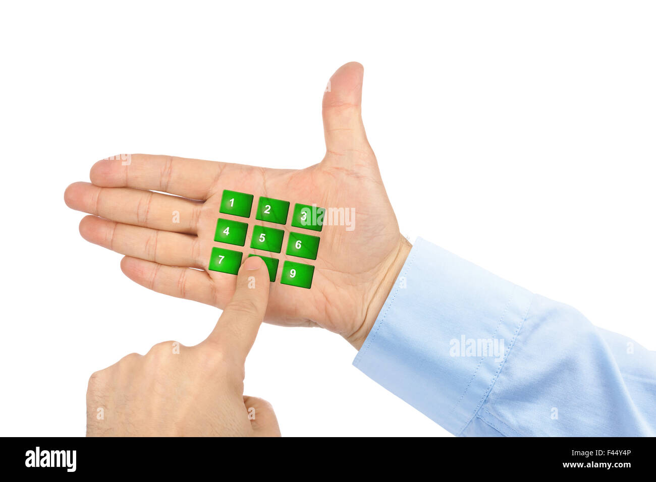 Hand with virtual phone buttons Stock Photo - Alamy