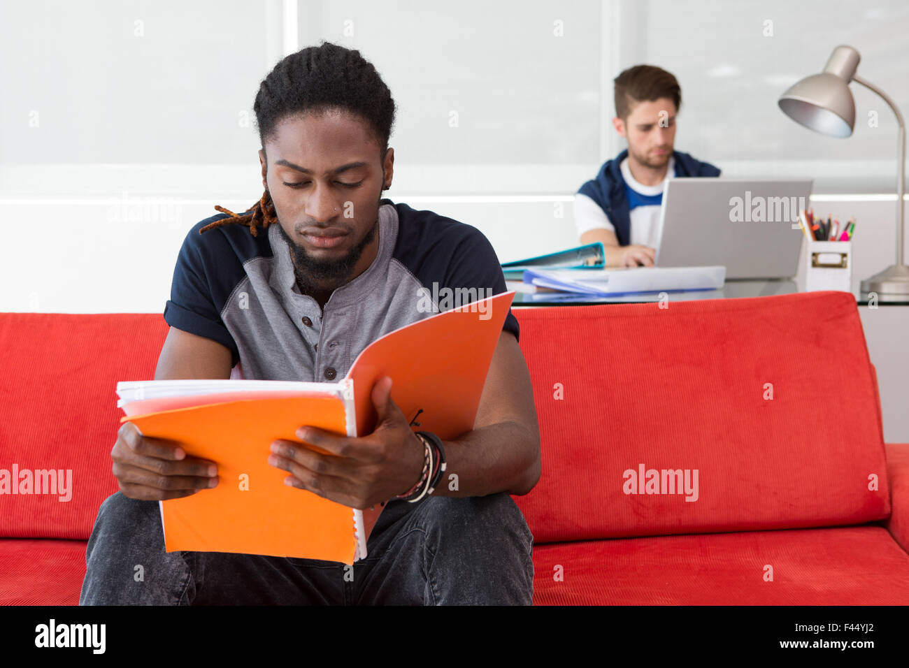 Casual young man reading folder in office Stock Photo - Alamy