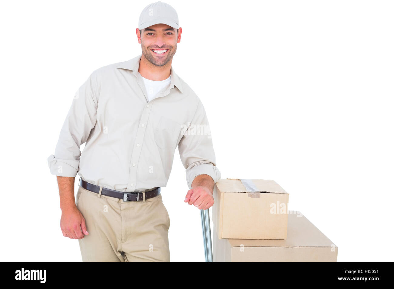 Confident delivery man with cardboard boxes Stock Photo - Alamy