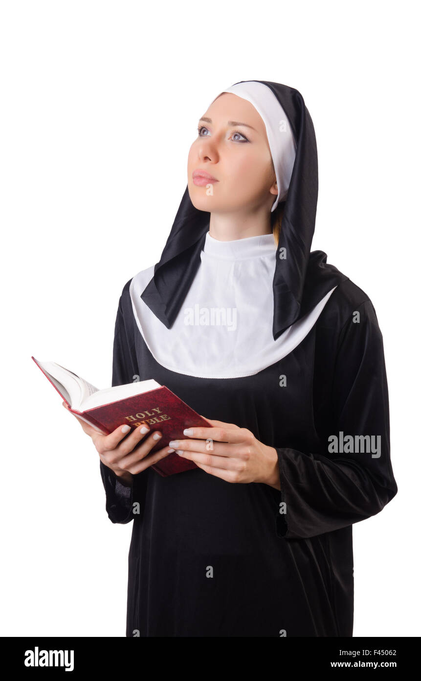 Pretty nun with Bible isolated on white Stock Photo - Alamy