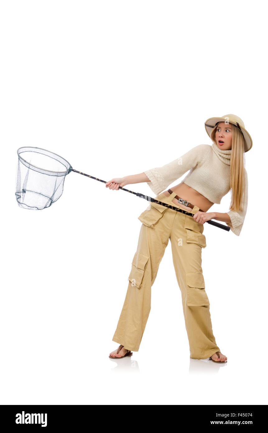 Woman with catching net isolated on white Stock Photo - Alamy