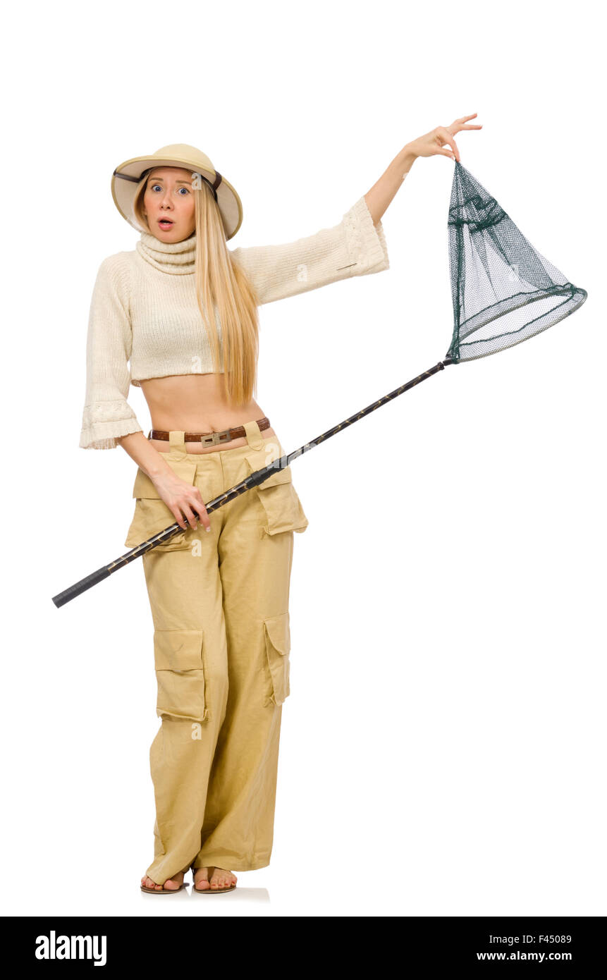 Woman with catching net isolated on white Stock Photo - Alamy